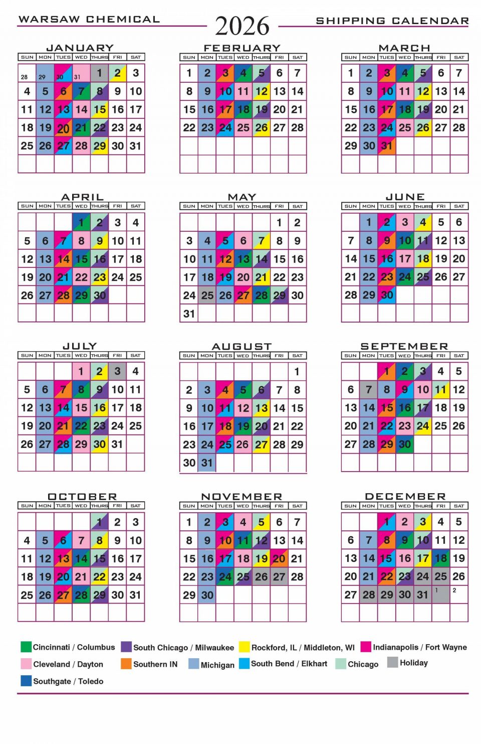 Shipping Calendar — Warsaw Chemical